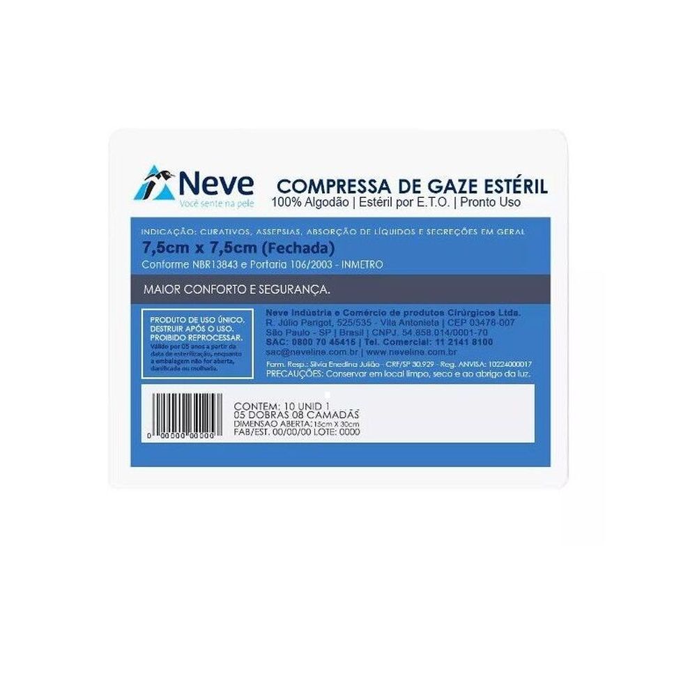 Gaze Esteril 13 Fios 7,5cm x 7,5cm 100 pacotes (1000un) Neve - Casa do ...